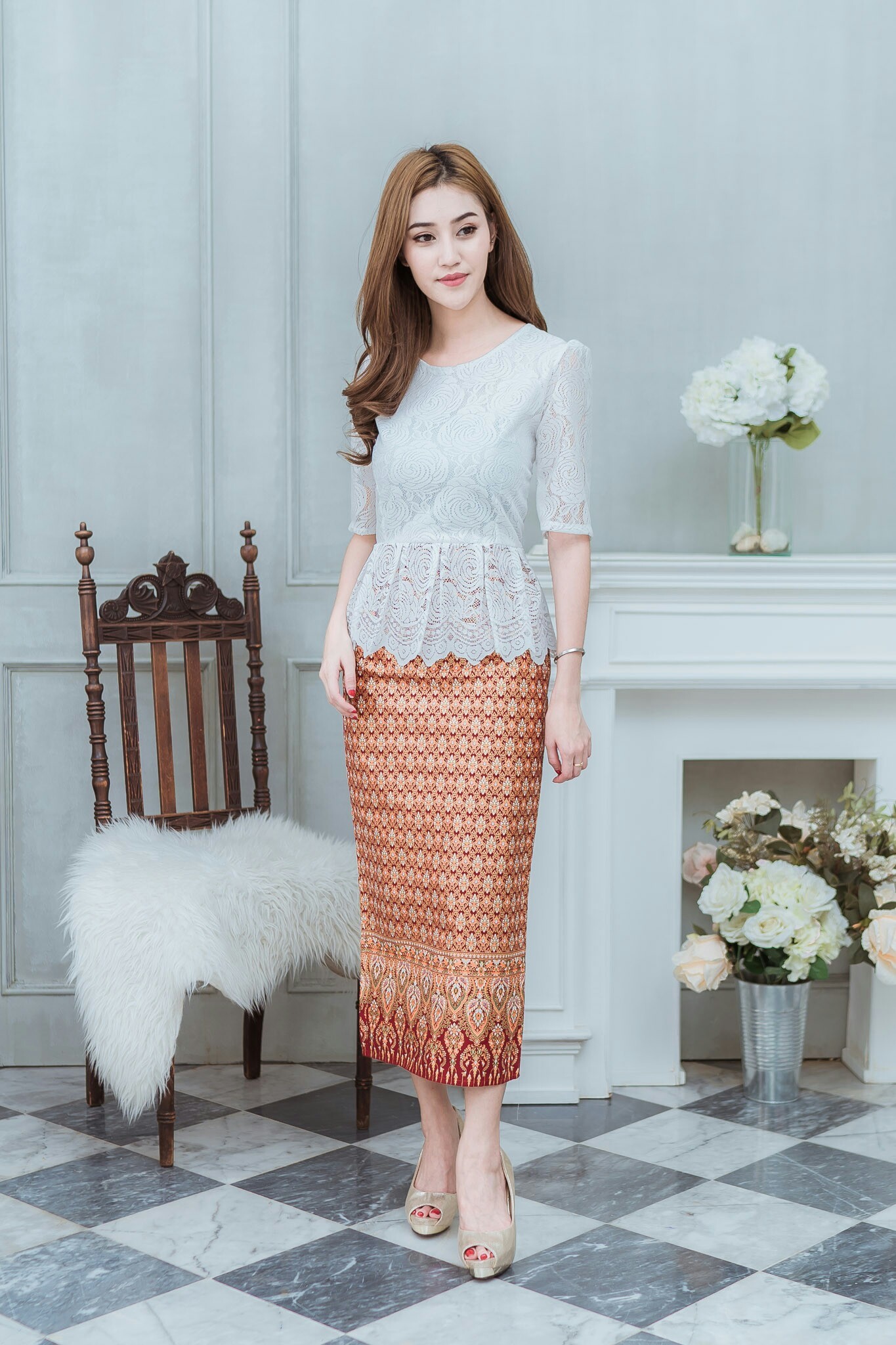 รหัสสินค้าTD-009 (สีแดงอมส้ม)ใหม่ - ชุดผ้าไทย งานสั่งตัดพิเศษ เกรดพรี่เมี่ยม รับประกันคุณภาพทุก ...